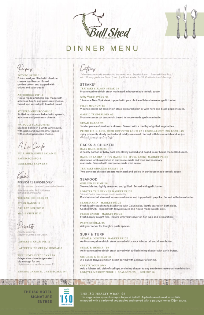 The Bull Shed Dinner Menu - The ISO